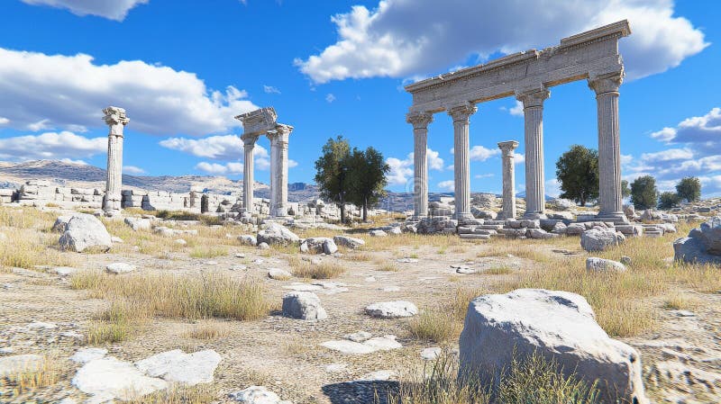 Ancient Ruins Under a Sunny Sky with Scattered Trees Stock Illustration ...