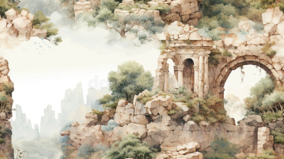 Ancient Ruins Watercolor Seamless Pattern AI Generated Stock ...