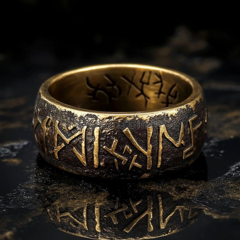 Ancient Rune-inscribed Bronze Ring on Shiny Black Surface Stock Image ...