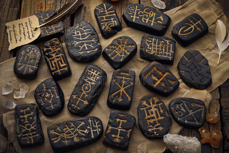 Ancient Rune Stones on Burlap with Crystals and Feather in Mysterious ...