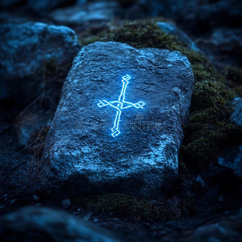 Ancient Rune Symbol Etched on Weathered Stone Surrounded by Mossy ...
