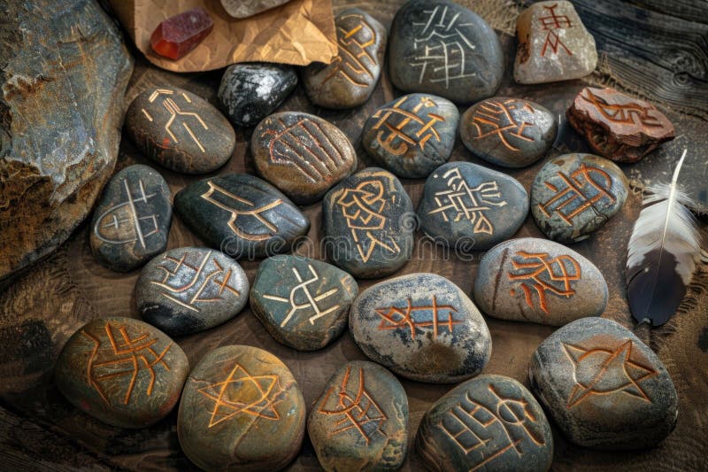 Ancient Runes on Stones with Feather and Crystals on Rustic Surface AI ...