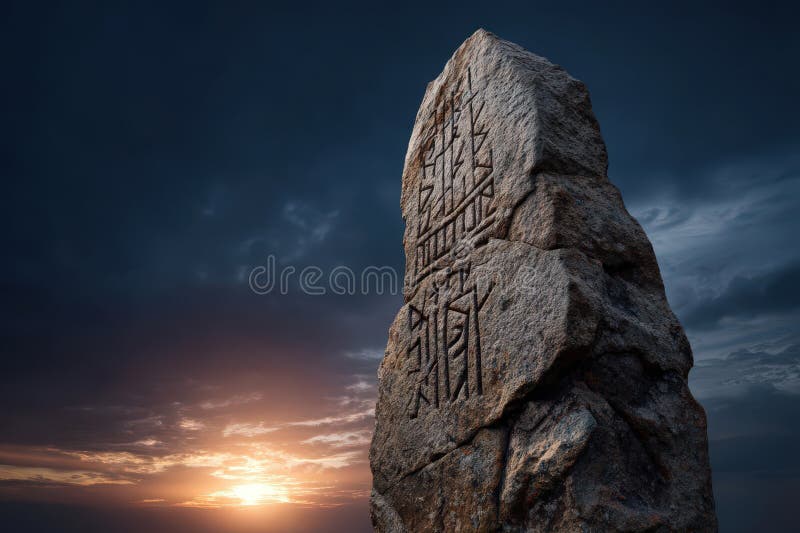 Ancient Runic Stone at Dusk with Nordic Inscriptions Stock Illustration ...