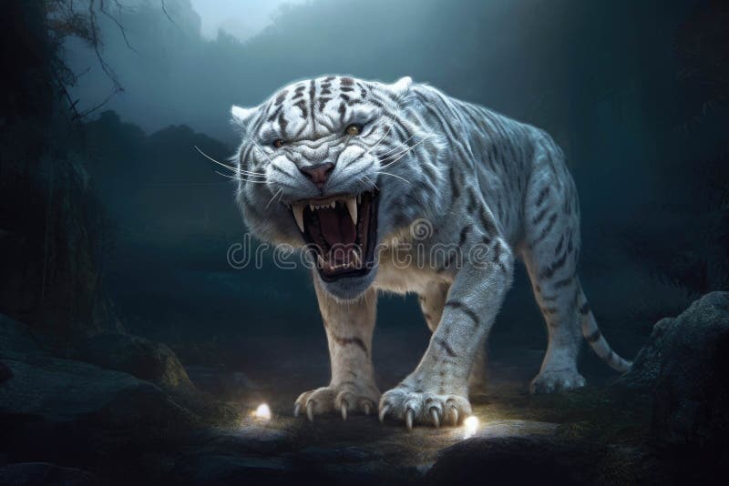 An Ancient Sabertoothed Tiger Emerging from the Fog Its Razor Sharp ...