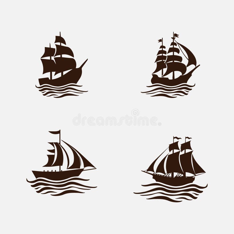Ancient Sailing Ship Boat Yacht on Waves Silhouette Icon Set Stock ...