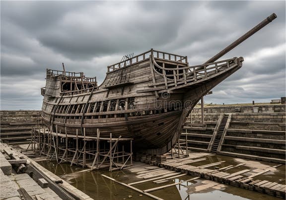 Ancient Sailing Ship in Dry Dock with Exposed Frame Stock Illustration ...