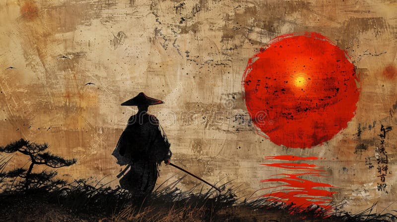 Ancient Samurai Painting with the Red Sun Stock Photo - Image of ...