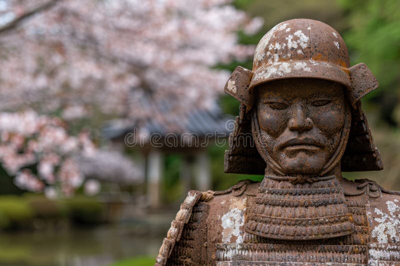 Ancient Samurai Warrior Statue in Spring Garden Stock Illustration ...