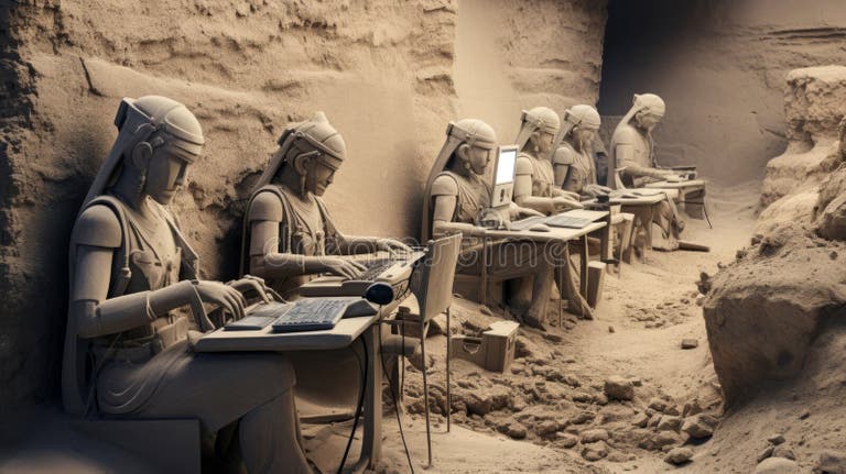 Ancient Sand Statues Typing on Keyboards Stock Illustration ...