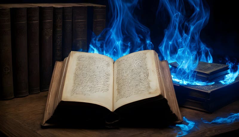 Ancient Script with Ethereal Blue Flames Stock Photo - Image of alchemy ...