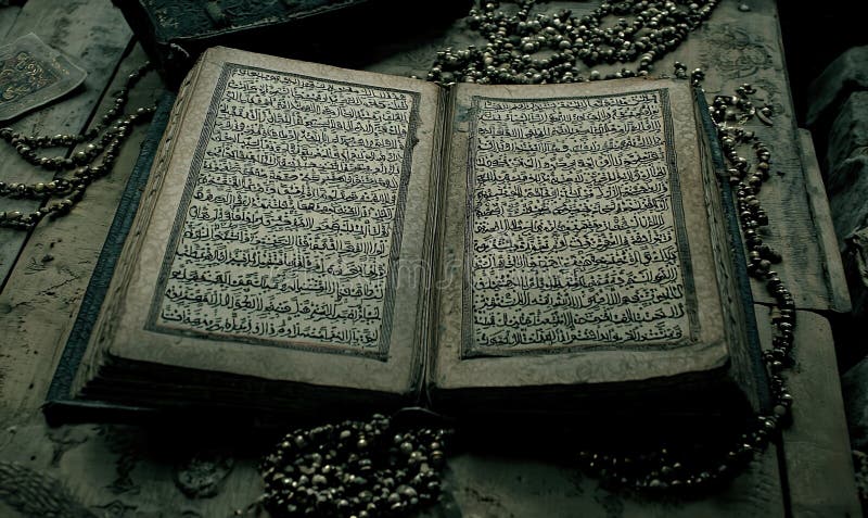 Ancient Script in Open Book with Beads, Dust Covered, History, Religion ...