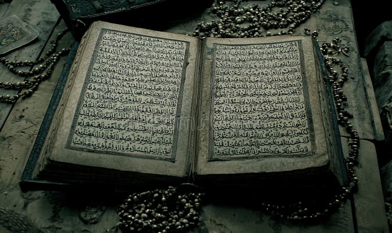 Ancient Script in Open Book with Beads, Dust Covered, History, Religion ...