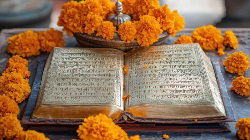 Ancient Scripture Adorned with Marigold Flowers, Intricate Golden Text ...