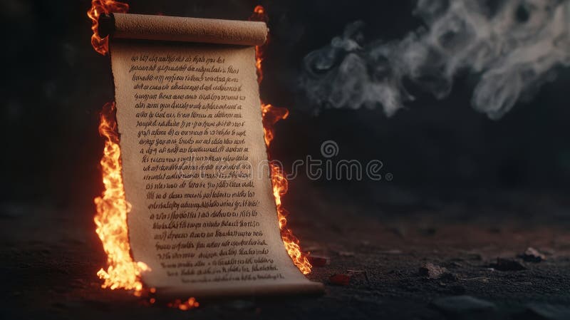 Ancient Scroll Burns Slowly in a Dark Environment, Smoke and Flames ...