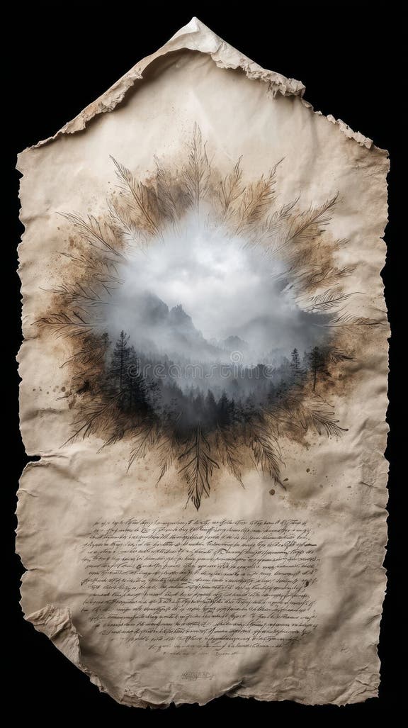 Ancient Scroll with Calligraphy and Mountain Landscape Illustration ...