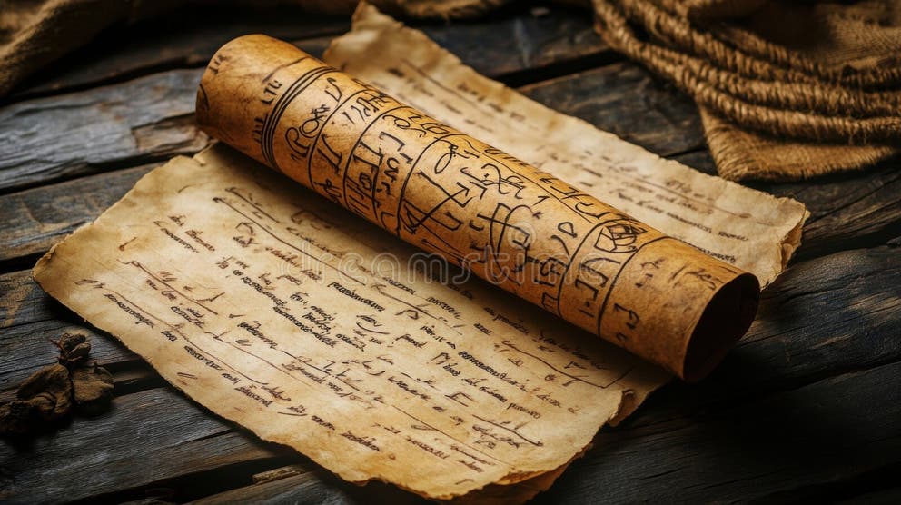 Ancient Scroll Covered in Cryptic Medieval Writing and Symbols Stock ...