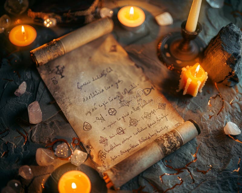 Ancient Scroll with Cryptic Symbols Illuminated by Candlelight on Stone ...