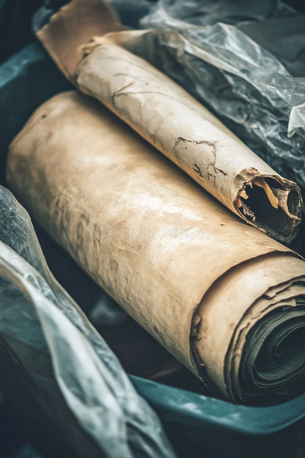 Ancient Scroll Discarded in a Dusty Trash Bin Symbolizing Forgotten ...