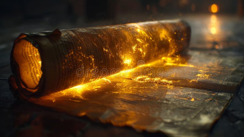 Ancient Scroll Glowing with Golden Light on a Dark Stone Surface Stock ...