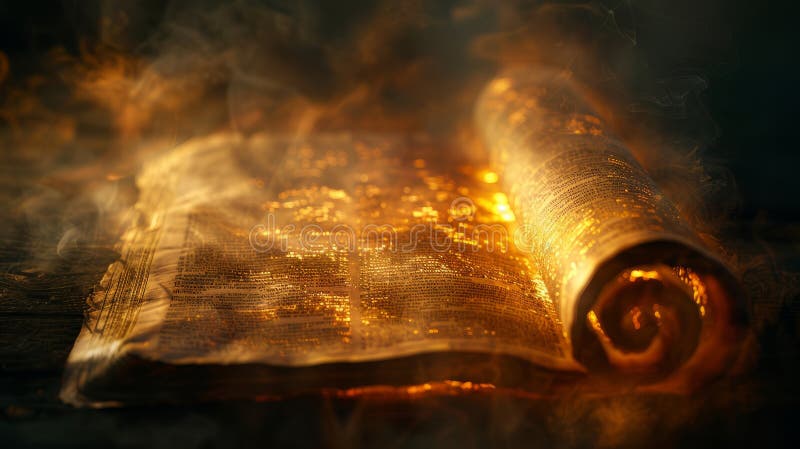 Ancient Scroll Engulfed in Flames, Surrounded by Smoke in a Dimly Lit ...