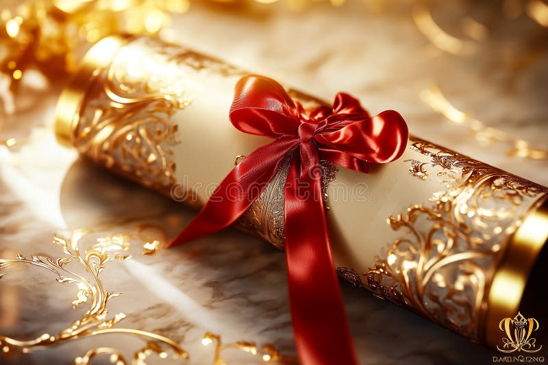 An Ancient Scroll Features Elaborate Gold Designs and a Decorative Red ...