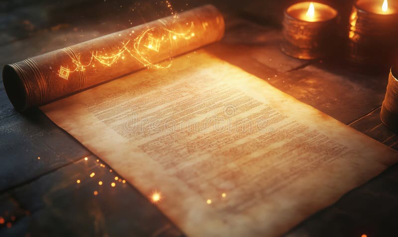Ancient Scroll with Glowing Symbols and Candles on Wooden Table Stock ...