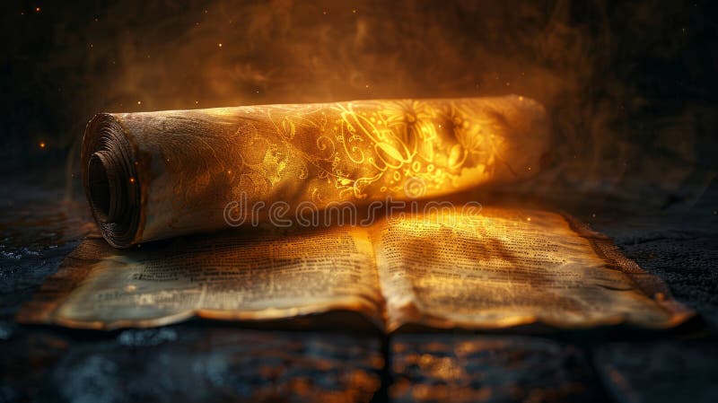 Ancient Scroll with Glowing Symbols on a Dark Surface Stock Photo ...