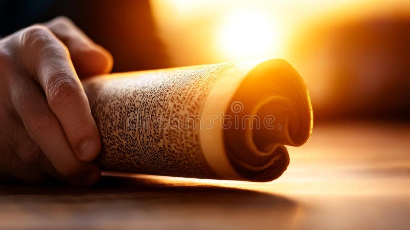 Ancient Scroll with Intricate Symbols Unfolded in a Warm Sunlit Setting ...
