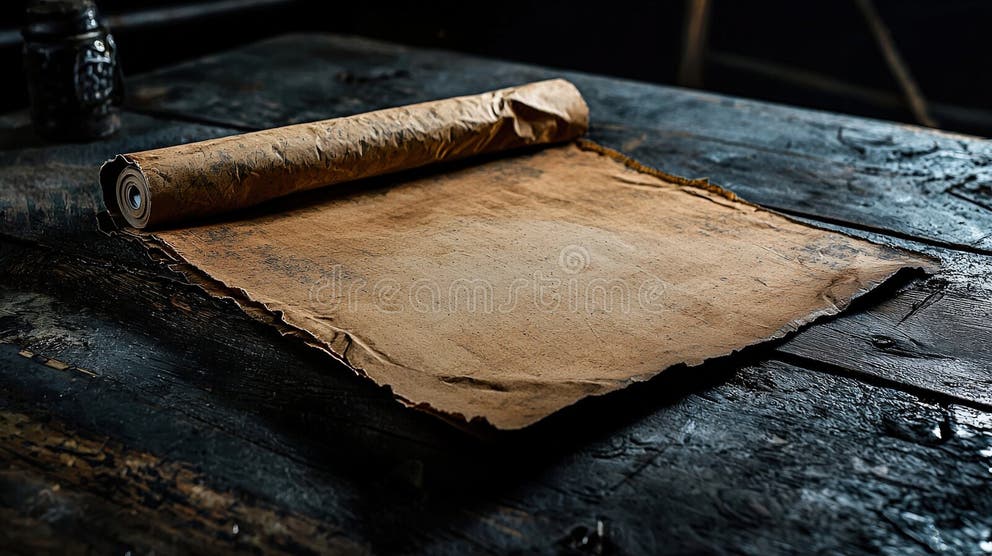 Ancient Scroll Unrolled Dimly Lit Room Close-up Image Rustic Atmosphere ...