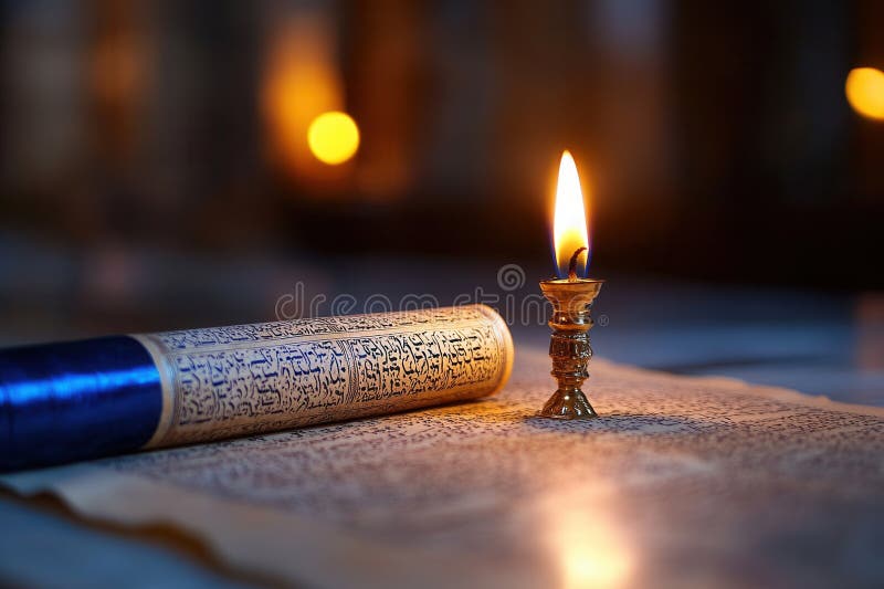 Ancient Scroll with Lit Candle Illuminating Arabic Script on Manuscript ...