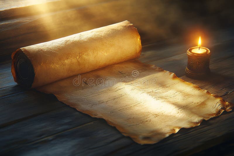 Ancient Scroll and Lit Candle on Wooden Table Under Warm Sunlight Stock ...
