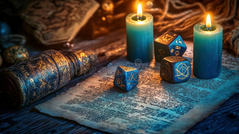 Ancient Scroll and Magical Dice with Candles in a Mystical Setting ...