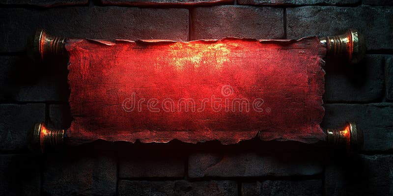 Ancient Scroll with Red Background Illuminated on Stone Wall in Dim ...