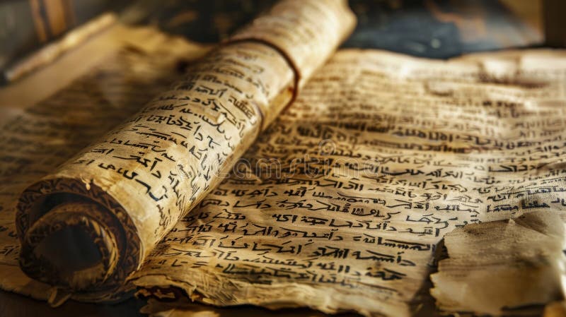 Ancient Scroll Resting on Open Book with Arabic Script Stock Image ...