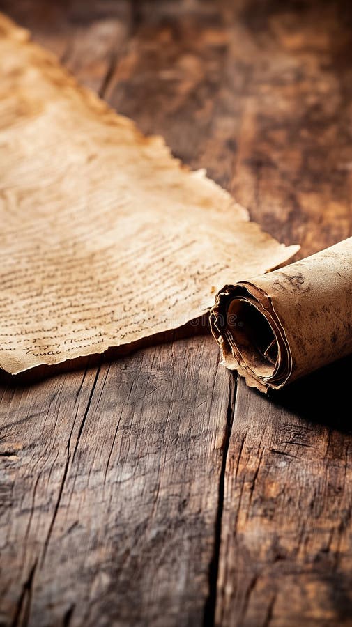 An Ancient Scroll Rests on Rustic Wood, Showcasing Intricate Writing ...