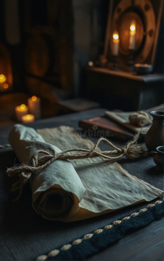 Ancient Scroll on Rustic Table with Candles in Dimly Lit Room. a Rolled ...