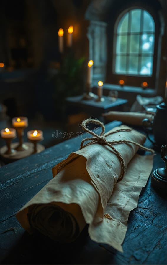 Ancient Scroll on Rustic Table with Candles in Dimly Lit Room. a Rolled ...
