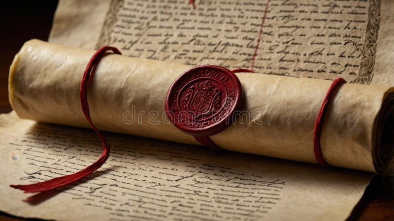 Ancient Scroll Sealed with Red Wax Resting on Historical Document Stock ...