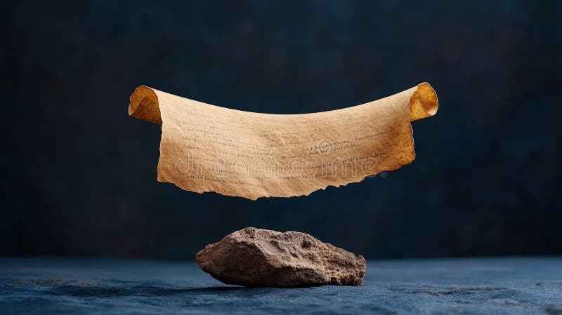 Ancient Scroll Suspended in Midair Above a Stone Creative Composition ...