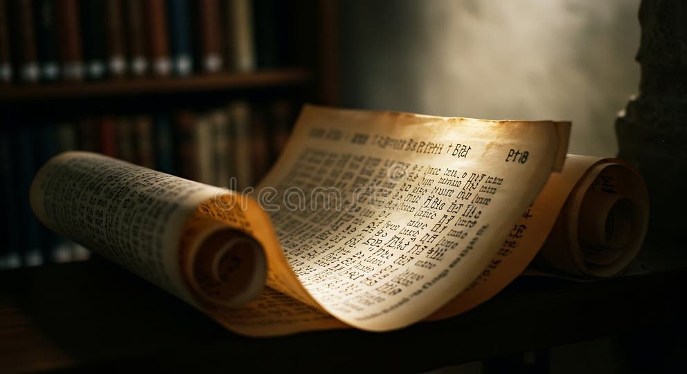 Ancient Scroll with Text Unfurled in Library Setting for Study Stock ...