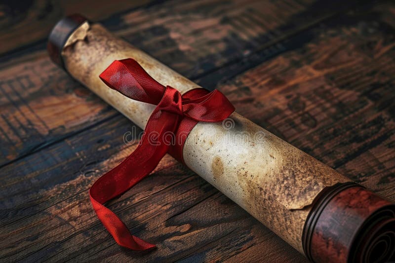 Ancient Scroll Tied with Red Ribbon Lying on Wooden Table Stock Photo ...