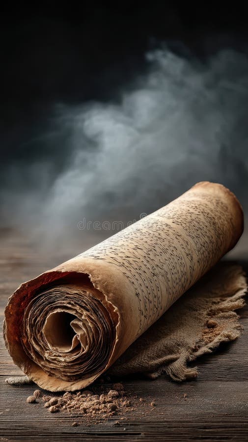 Ancient Scroll Unfurled with Fancy Calligraphy on Rustic Table Stock ...