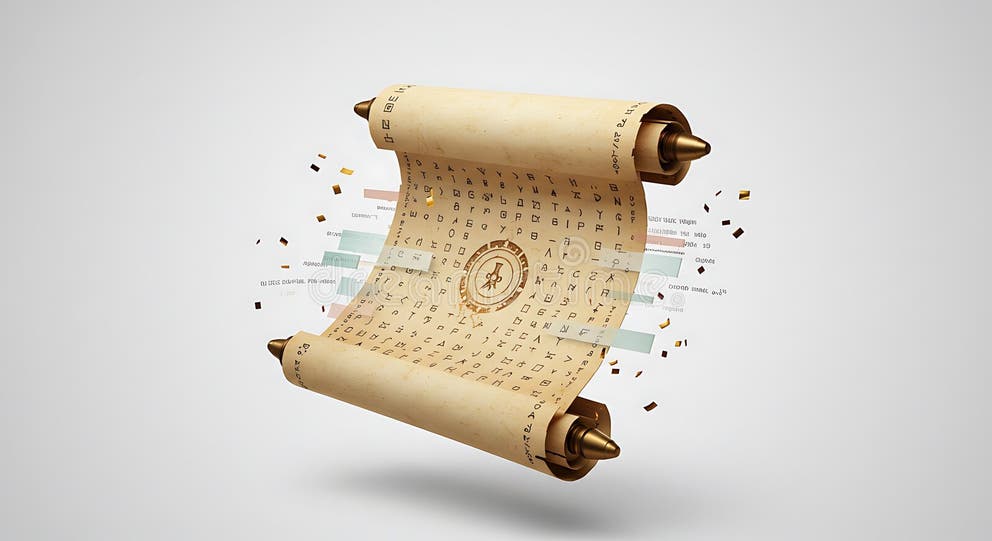 Ancient Scroll with Wooden Handles, Displaying Characters in a Grid ...