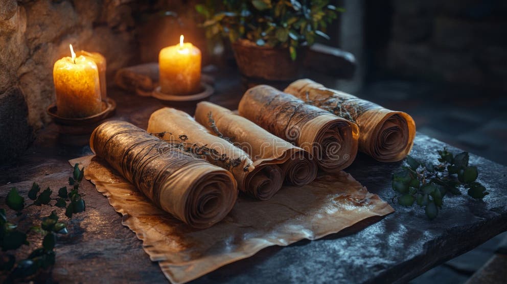 Ancient Scrolls and Candles on a Rough Stone Surface Stock Illustration ...