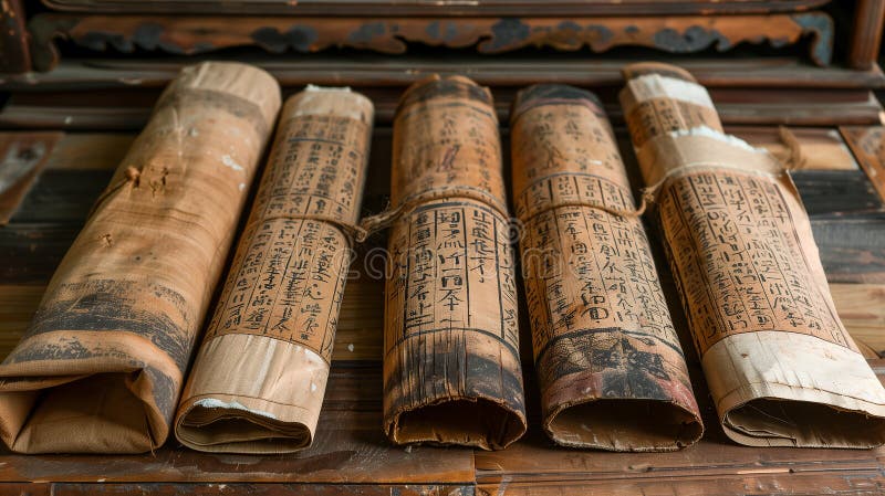 Ancient Scrolls with Chinese Text on Wooden Table in Traditional Study ...