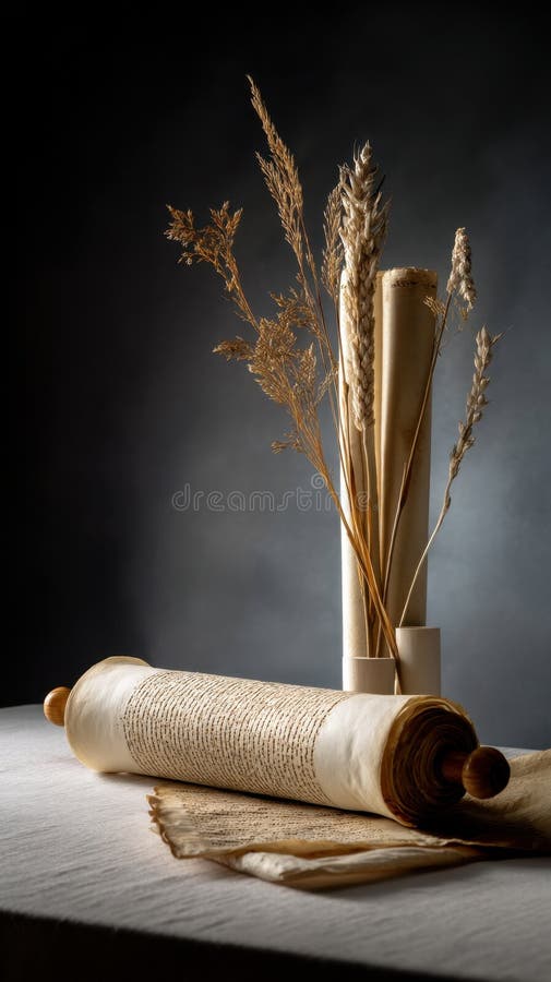 Ancient Scrolls and Dried Grasses Display on Wooden Table Stock ...