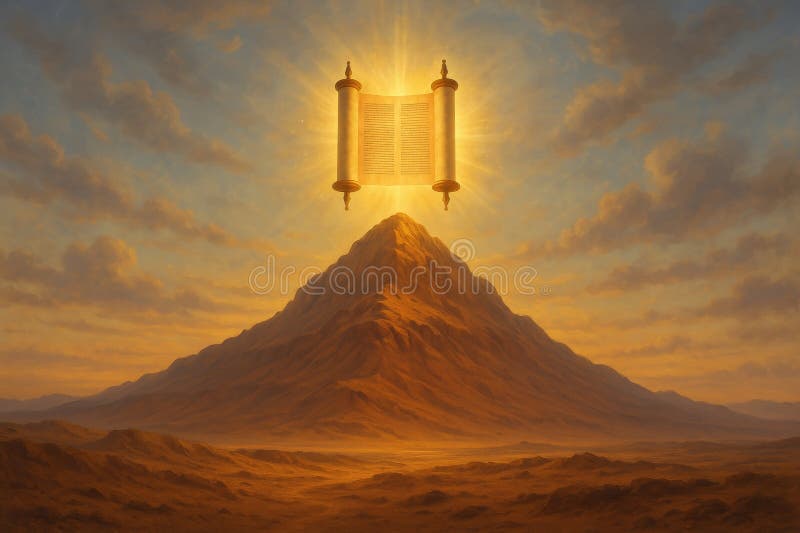 Ancient Scrolls Hovering Over Majestic Mountain at Sunset with Glowing ...