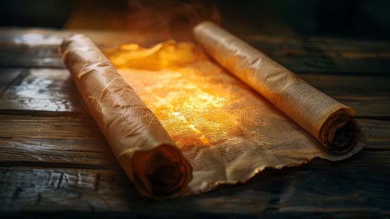 Ancient Scrolls Illuminated by Flames on Wooden Surface Stock Image ...
