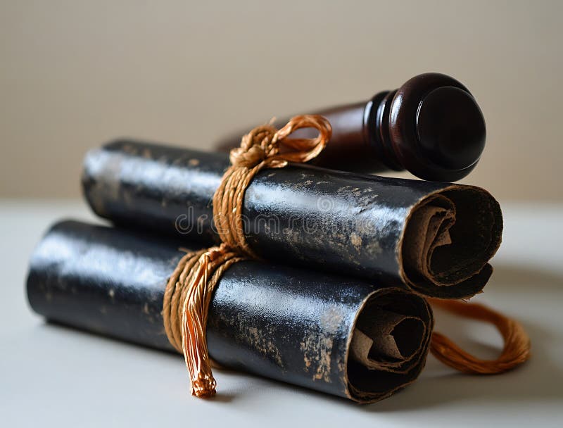 Ancient Scrolls Stacked with Gavel Close Up for Historical Preservation ...