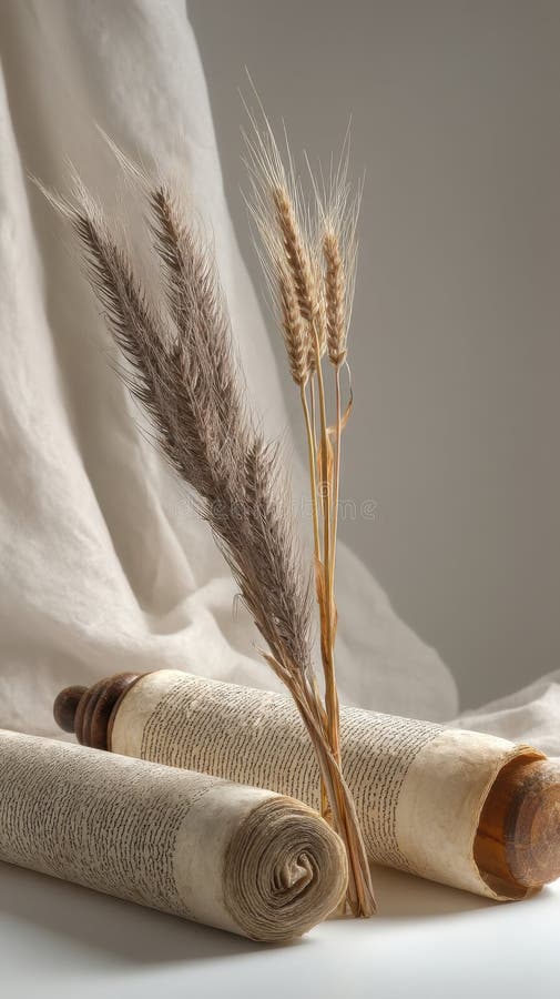 Ancient Scrolls and Wheat Against Soft Fabric Backdrop Stock ...